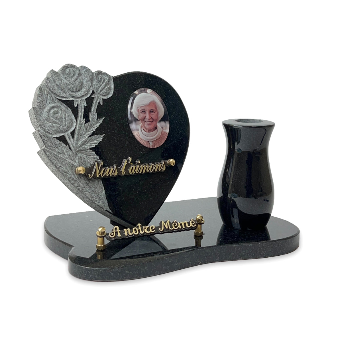 Plaque Funéraire : Cœur Fleurs Taillées avec Vase – Plaquedeces.fr